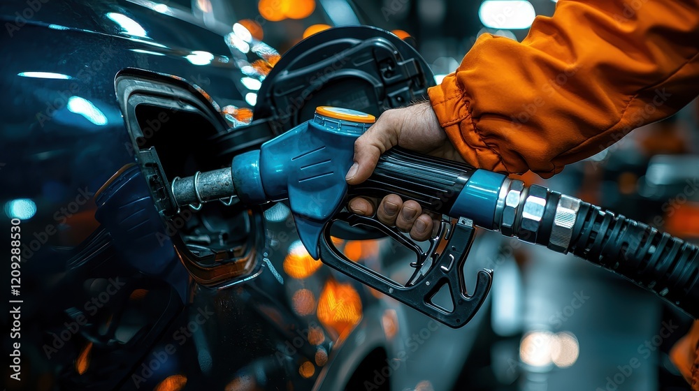 Refueling vehicle action in urban gas station fueling process nighttime ...