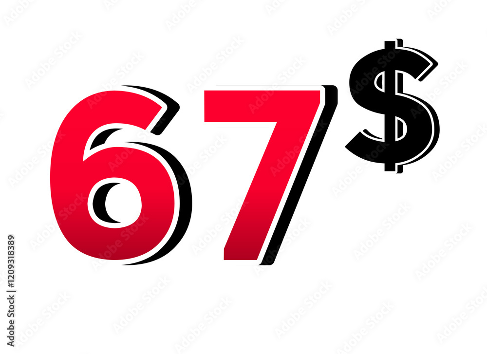 67$ dollars sign symbol price tag on transparent background red color ...