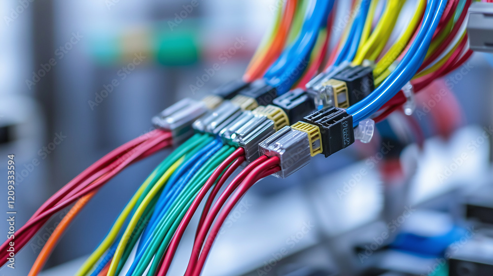 A close-up view of colorful wire harnesses and plastic connectors used ...