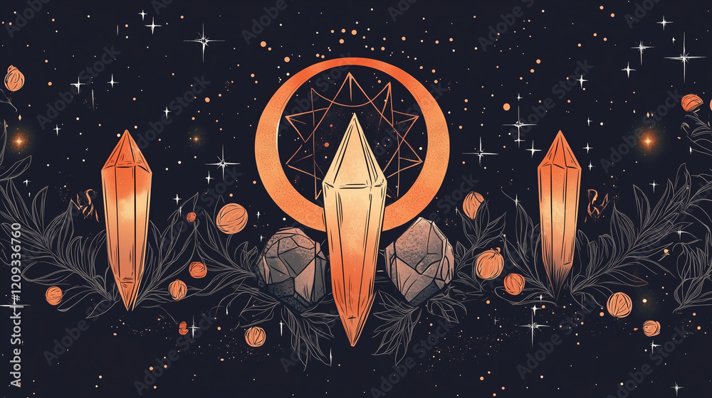 Wicca themed background illustration featuring magical crystals and ...