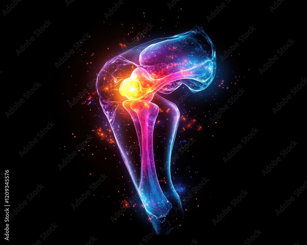 Exploded view of human knee joint, emphasizing glowing pain areas from ...