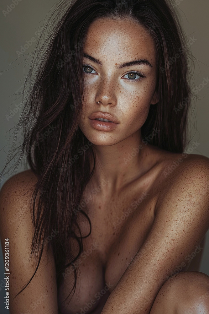 Beautiful naked woman with dark hair and flawless skin, posing on studio background. Erotic ...