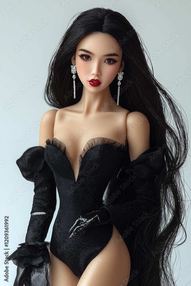 Detailed Woman Doll Wearing A Stunning Black Evening Outfit And Elegant