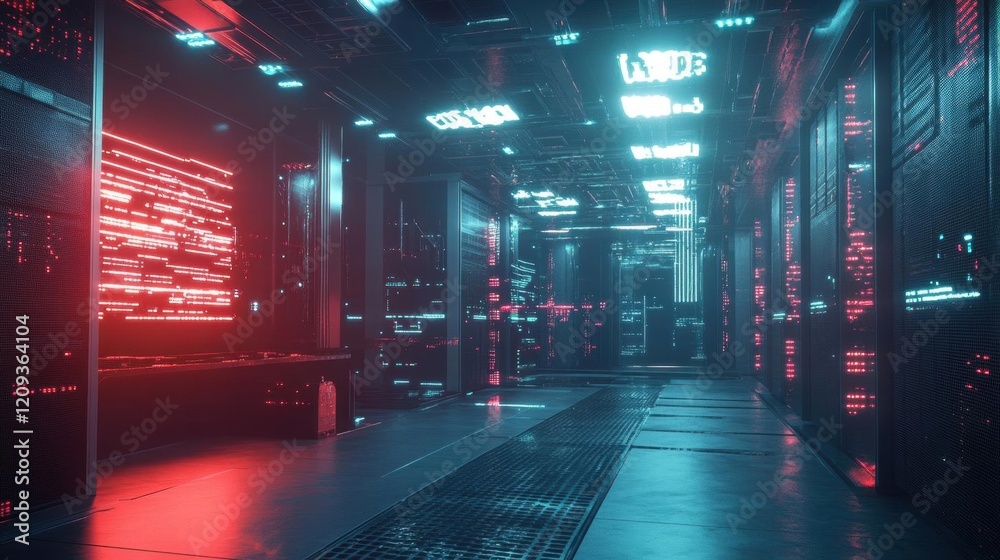 Foto de Stock Neon Glowing Data Center Corridor: Cyberpunk Server Room with Futuristic Tech ...