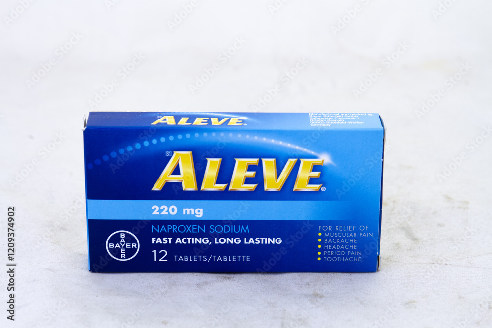 Johannesburg, South Africa - a box of Aleve tablets isolated on a clear ...