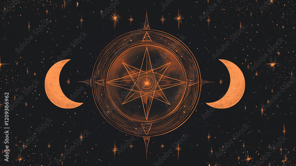 Wicca background featuring moon phases and Ishtar star with young and ...
