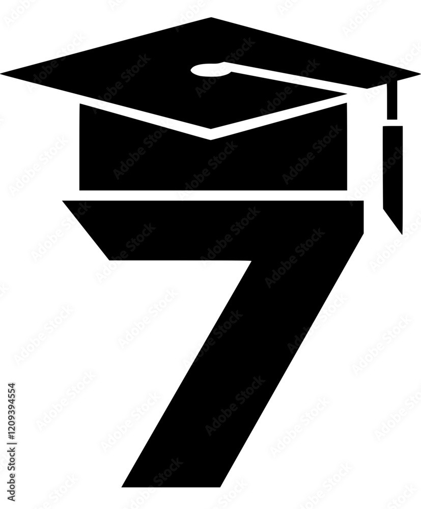 Graduation Cap on Number Seven Symbol, Black and white illustration of ...