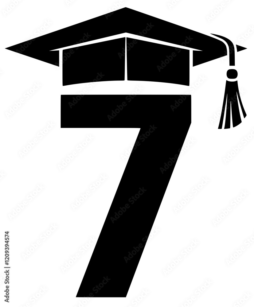 Graduation Cap on Number Seven Symbol, Black and white illustration of ...