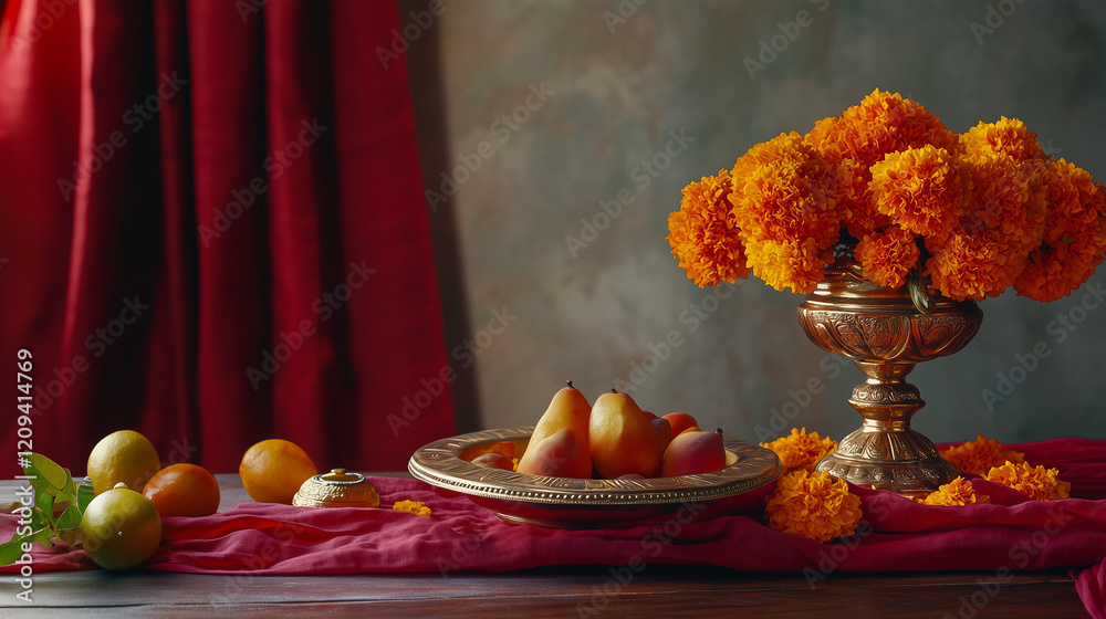 Home altar table with Gudi Padwa decorated with red cloth and marigold ...