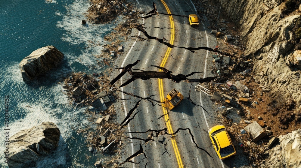 Coastal highway earthquake disaster; tsunami waves crash; cars trapped ...