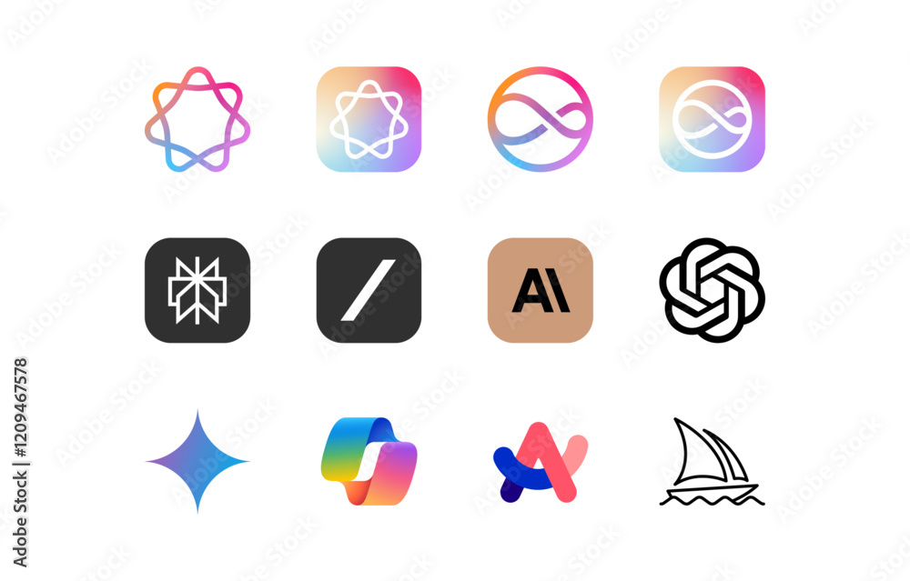 Set popular AI services logo companies: OpenAI ChatGPT, Google Bard ...