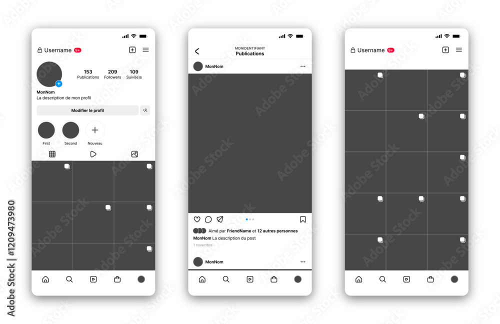 Instagram social network app UI interface mockup design. Modern social ...
