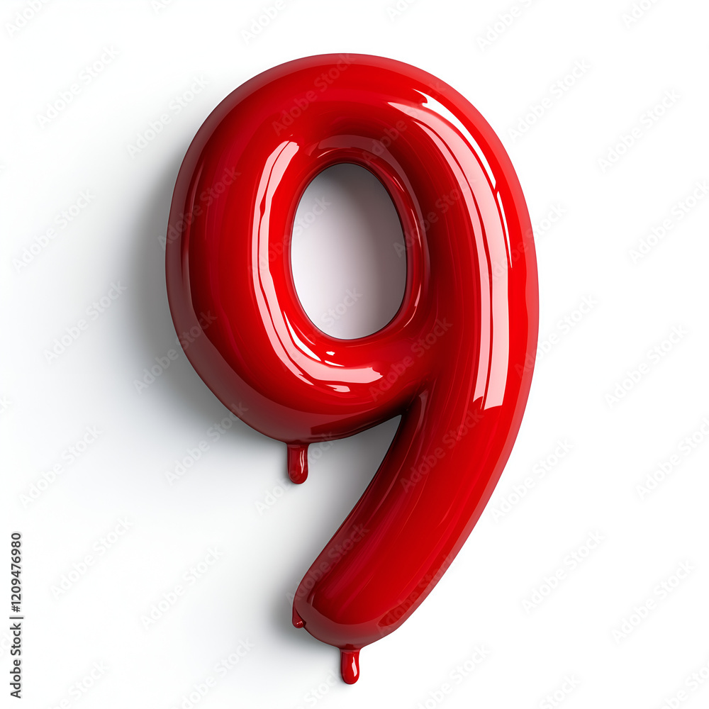 A glossy red number 9 with a dripping effect, set against a white ...