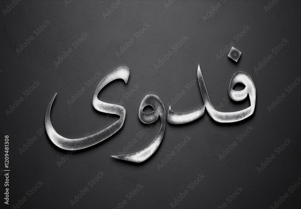 Chrome metal 3D Arabic name design of Fadwa on grey background in ...
