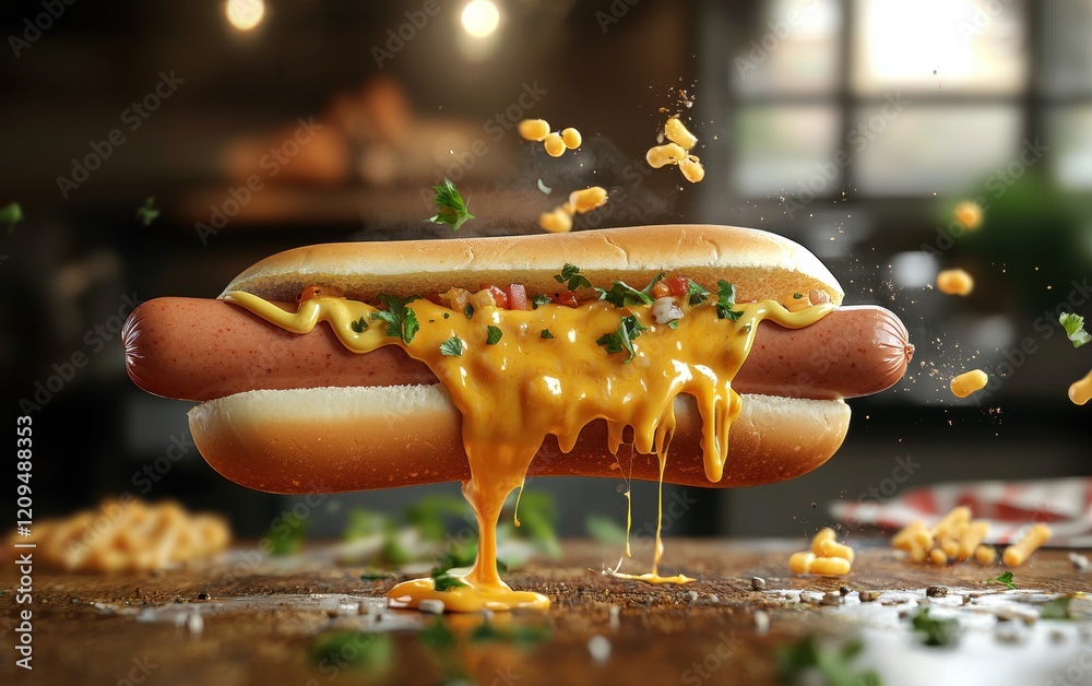 Jumbo hot dog flying with cheese sauce oozing, vibrant street food ...