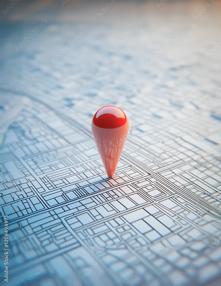 A 3D-rendered red GPS location pin standing prominently on a detailed ...