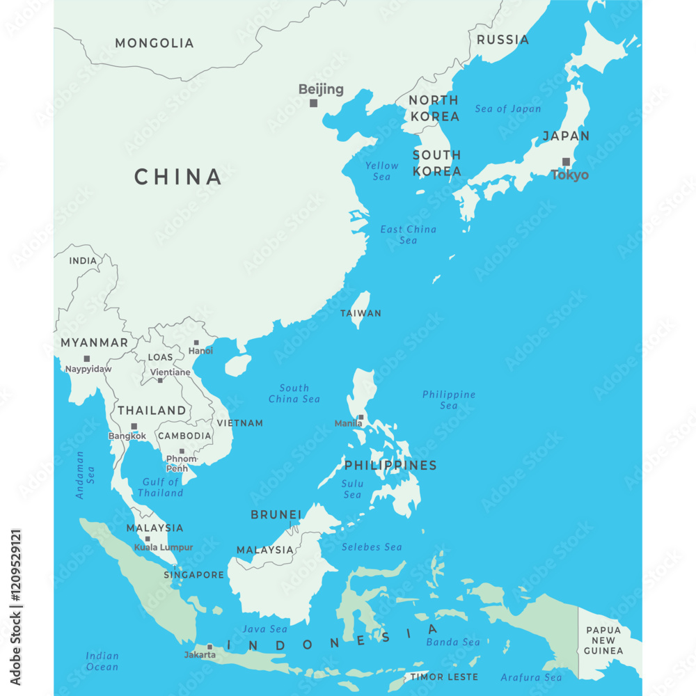 East Asia map highlighting countries name, borders, and major regions ...