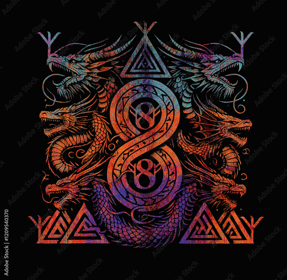 Hand-Drawn Mythical Dragon Artwork with runes Symbolism Stock ...