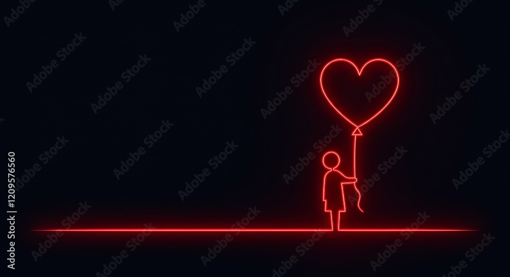Neon Serenity Silhouette with Heart Balloon Against a Midnight Glow ...