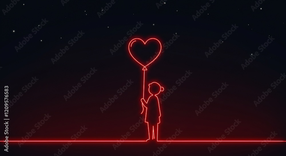 Neon Serenity Silhouette with Heart Balloon Against a Midnight Glow ...