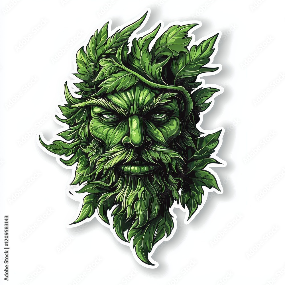 Intricate green man face illustration designed with vibrant leaves and ...