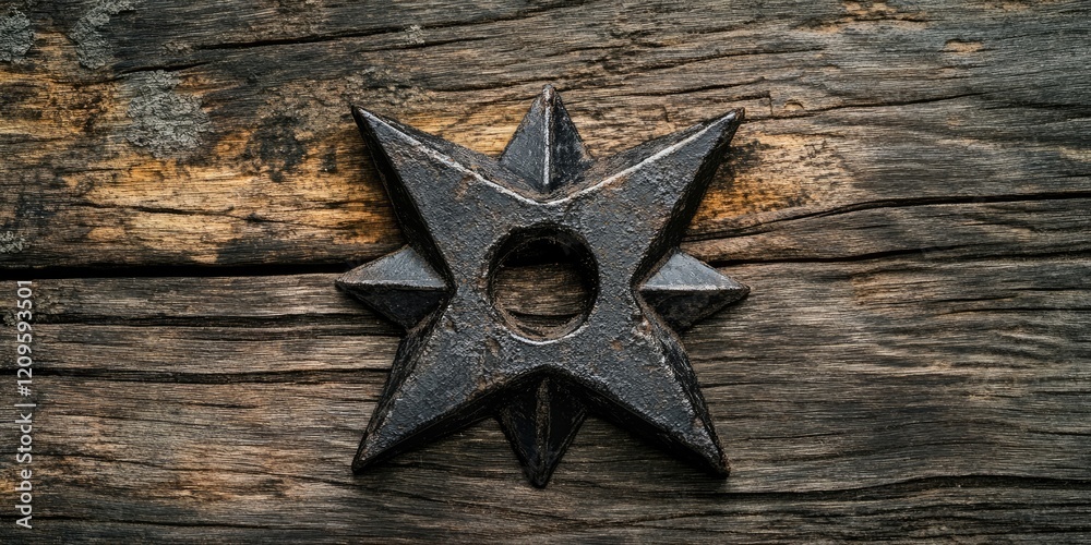 Ninja shuriken throwing star on dark wooden surface highlighting ...