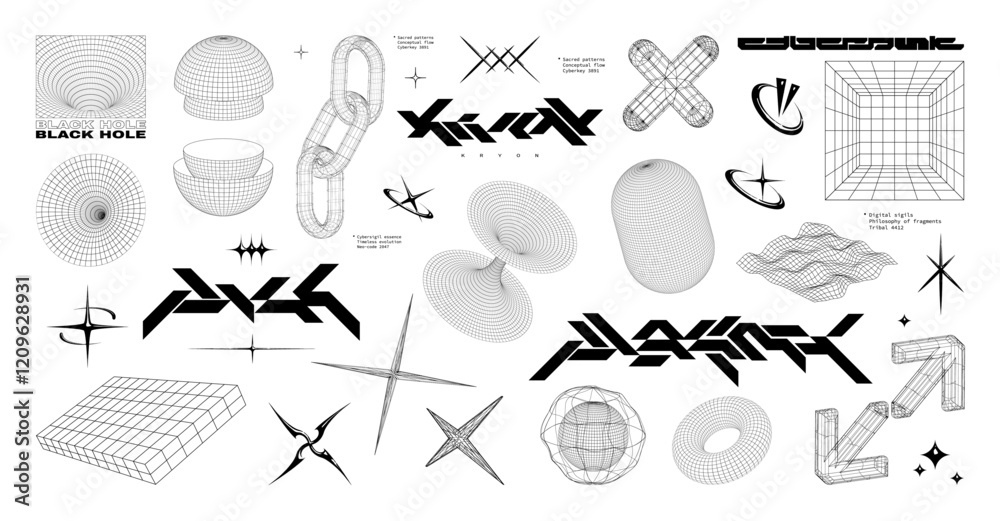 Digital lettering with 3D universal geometric shapes, Sci-fi retro ...