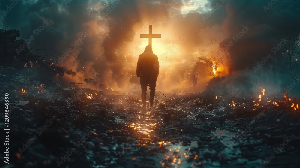 Salvation concept, man breaking from chains of sins, emerging into a ...