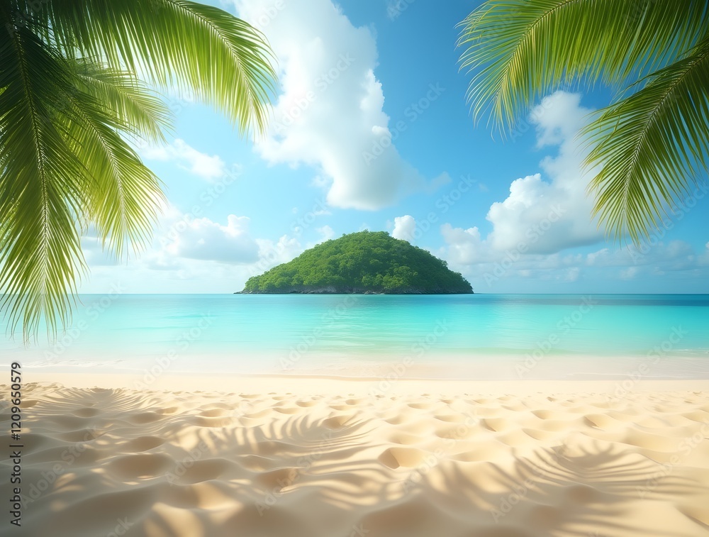 Tropical Island Beach Scene Sunny Sky Palm Trees Stock Illustration 3740