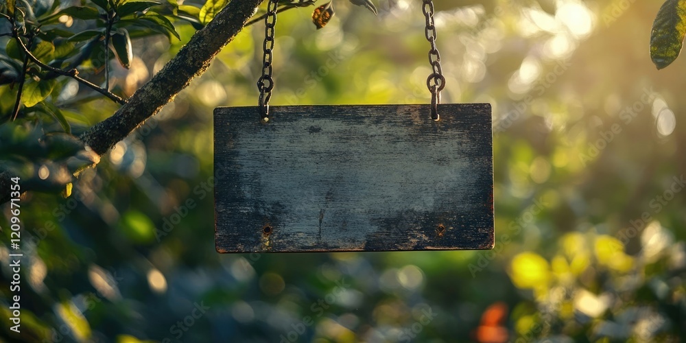 Vintage wooden signboard hanging from chains on a tree branch with ...