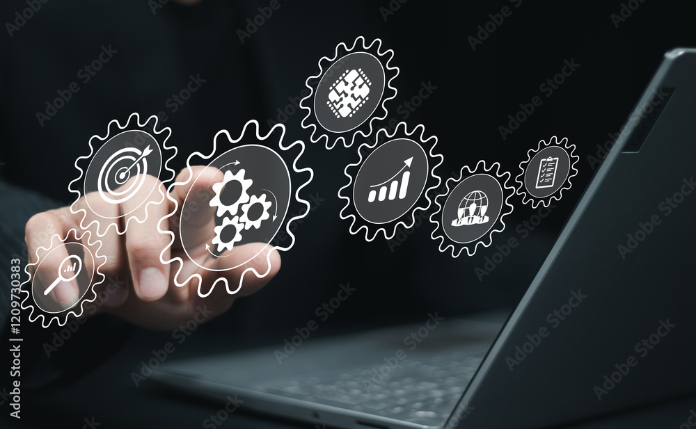 Person working on computer laptop. automation, industrial business ...