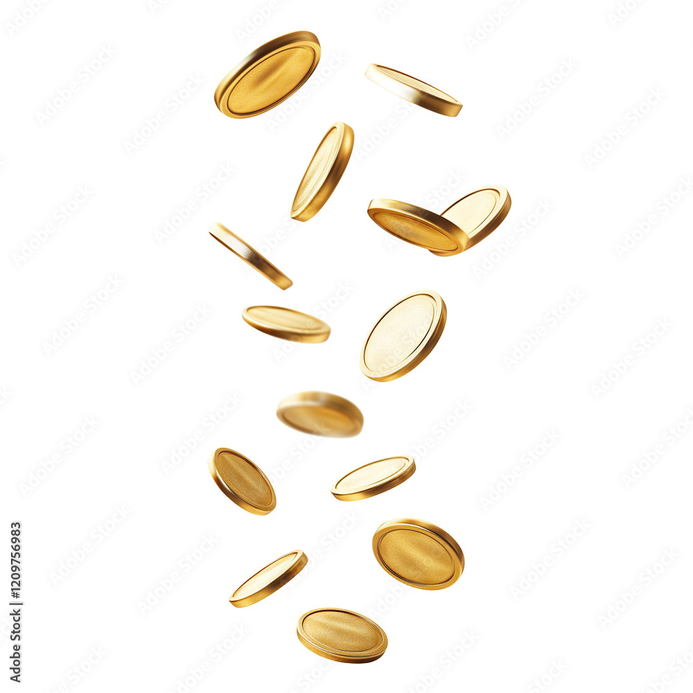 Floating gold coins in motion, isolated on transparent cutout ...