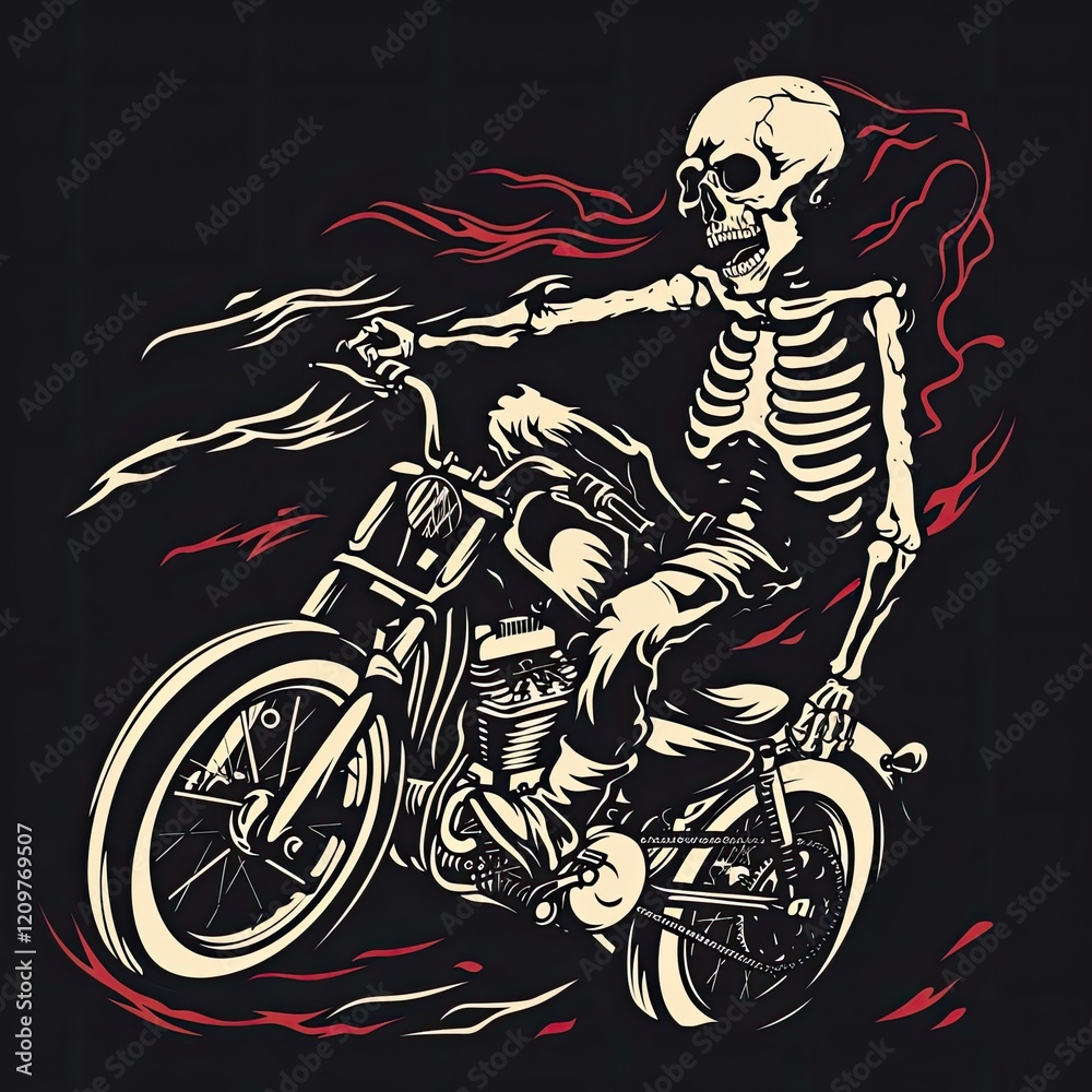 An intense illustration of a skeleton riding a motorcycle, gripping the ...