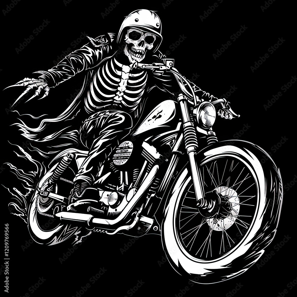 An intense illustration of a skeleton riding a motorcycle, gripping the ...