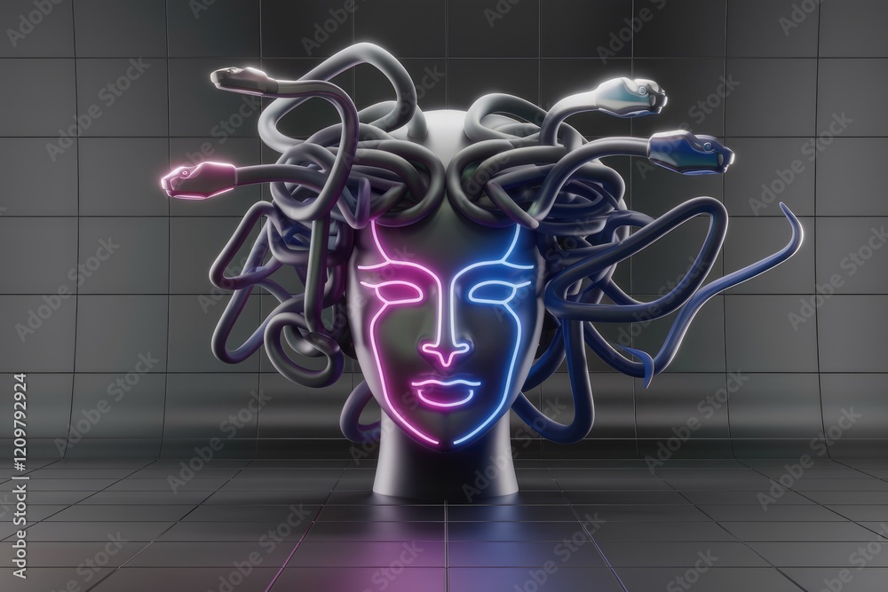 Neon-lit Medusa head, a 3D render of a Greek mythological figure with ...