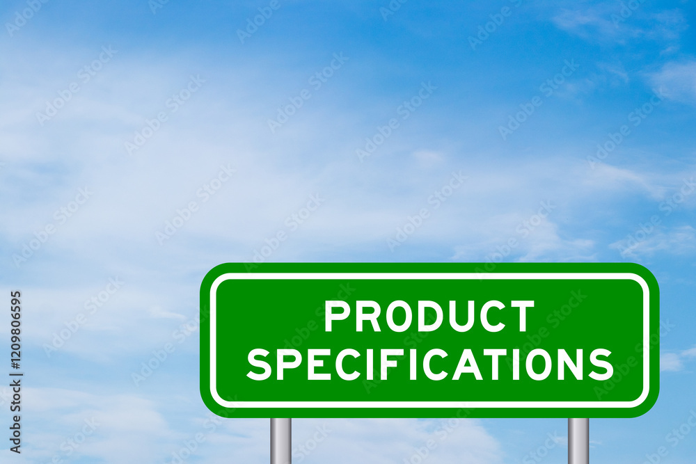 Green color transportation sign with word product specification on blue ...