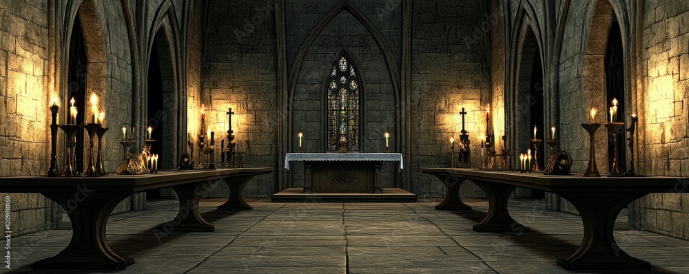 Gothic chapel interior, candlelit altar, stone architecture, mystical ...