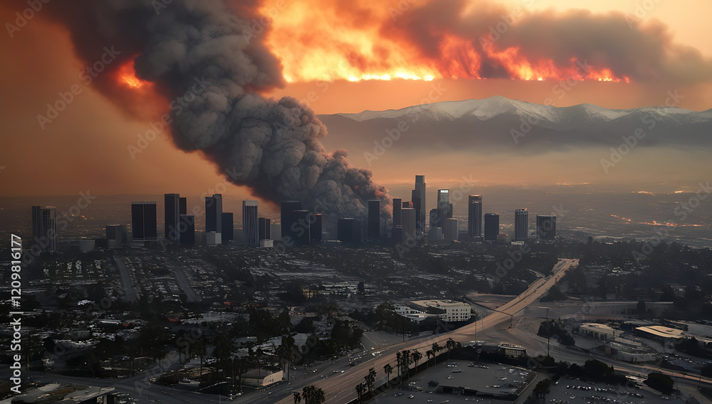cityscape of the Los Angeles skyline fiery red & orange sky, depicting ...