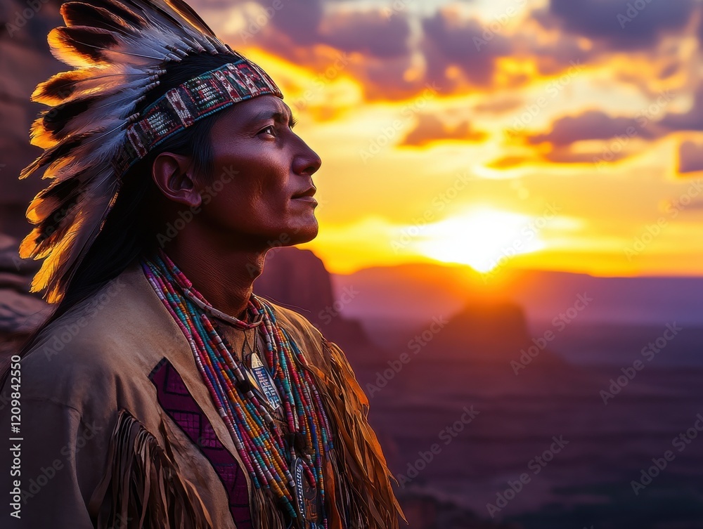 Indigenous man in traditional attire gazes at sunset over canyon ...