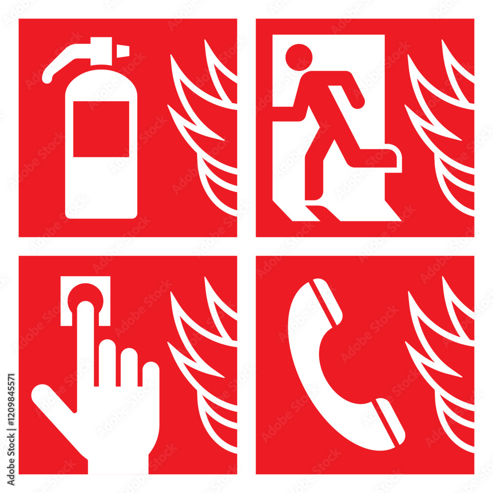 Fire action sign set. Fire alarm, Evacuation route, Fire extinguisher ...