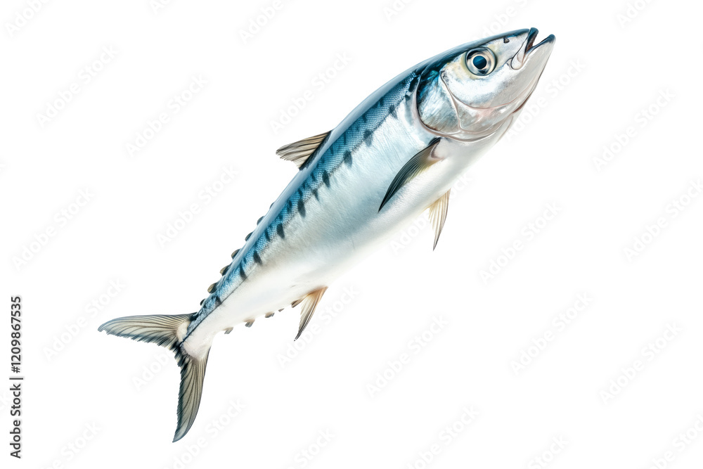 Fresh mackerel fish with detailed scales and fins isolated on white ...