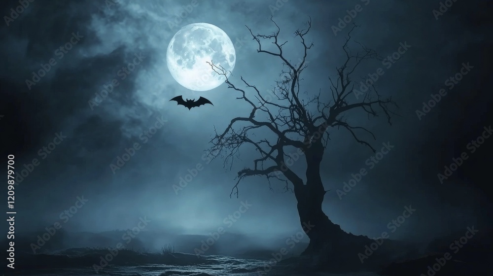 Spooky halloween night background with silhouette of a dead tree ...