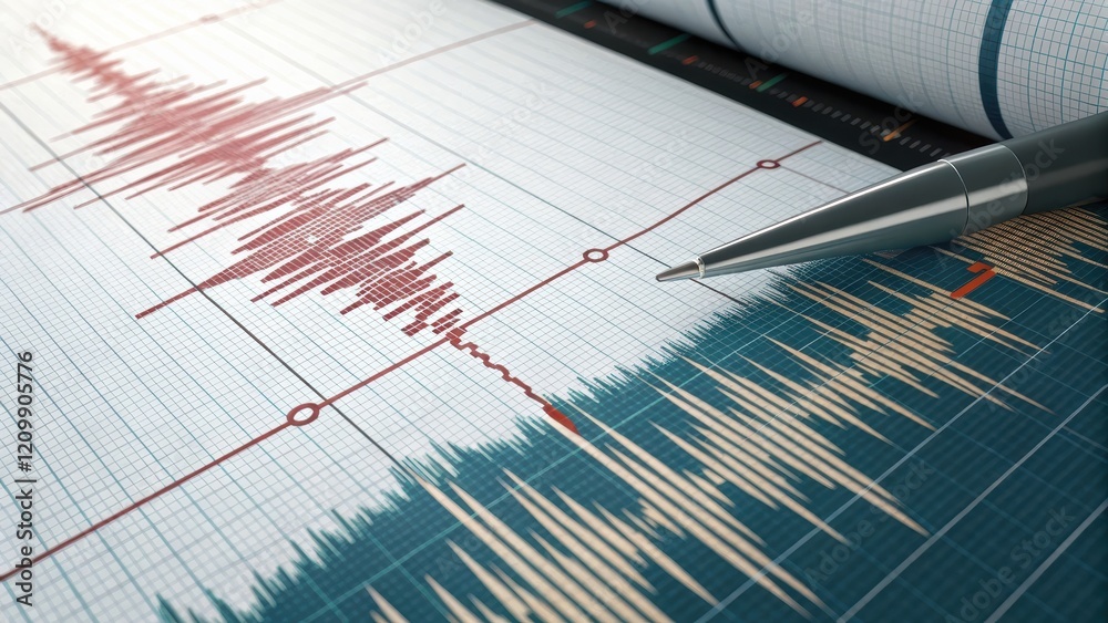 earthquake diaster alert. Seismograph displaying seismic waves on paper ...
