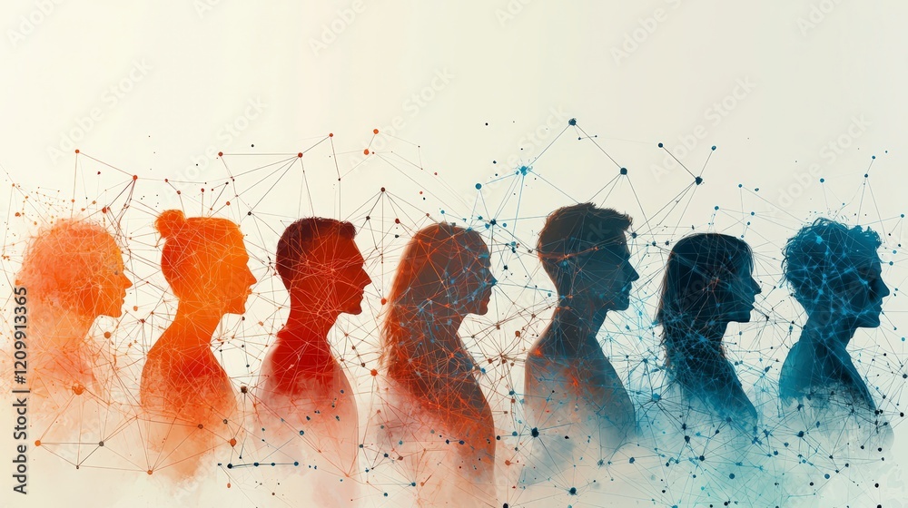 Vivid colors depict side profiles of people interwoven with digital ...