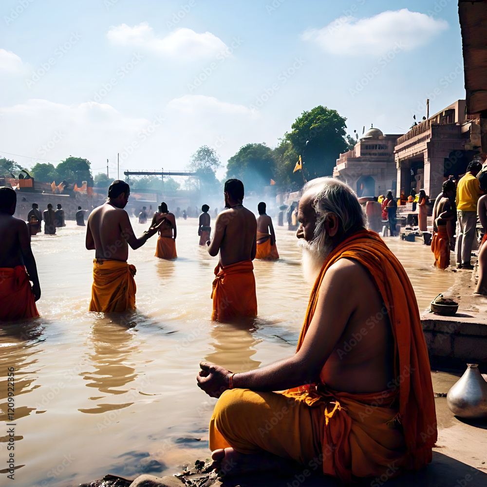 Ascetic Sadhu Meditating by the Riverbank at Kumbh Mela 2025 with ...