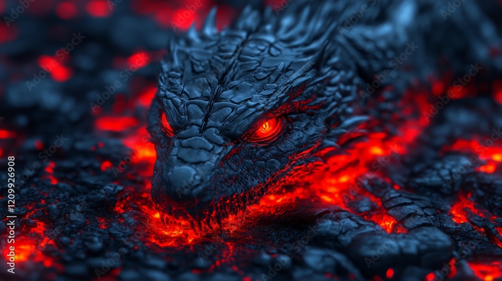 Dragon's Fiery Gaze: A fearsome, dark-scaled dragon emerges from a bed ...