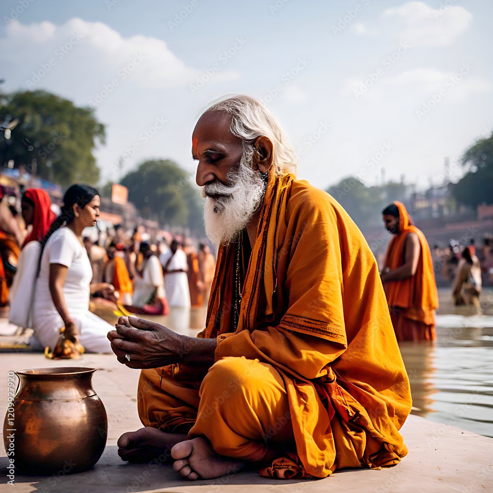 Ascetic Sadhu Meditating by the Riverbank at Kumbh Mela 2025 with ...
