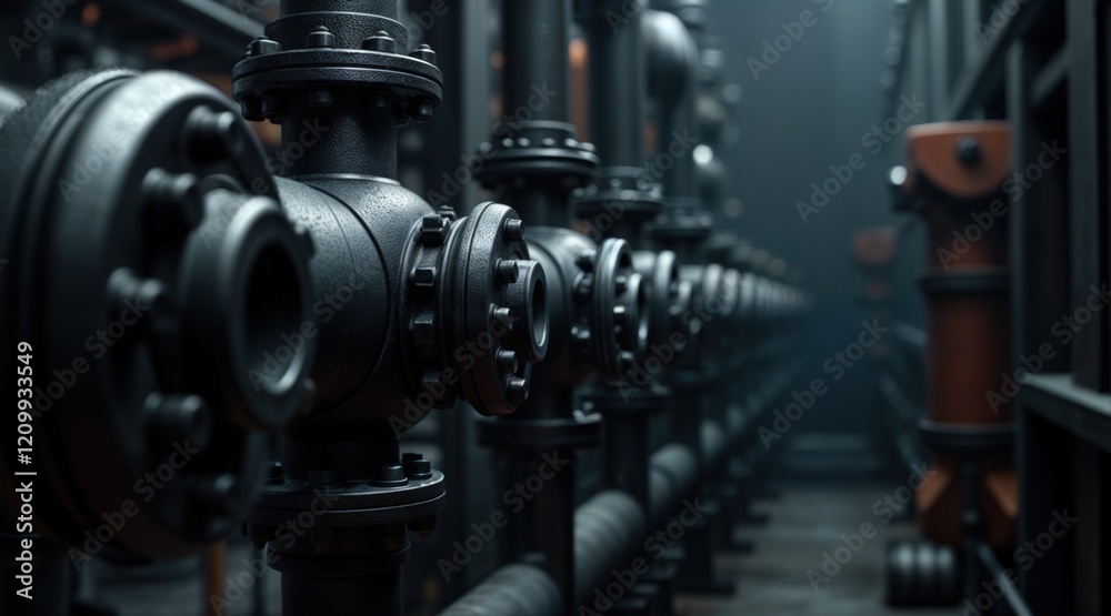 Industrial Pipelines with Hand Valves and Flange Connections, Black ...