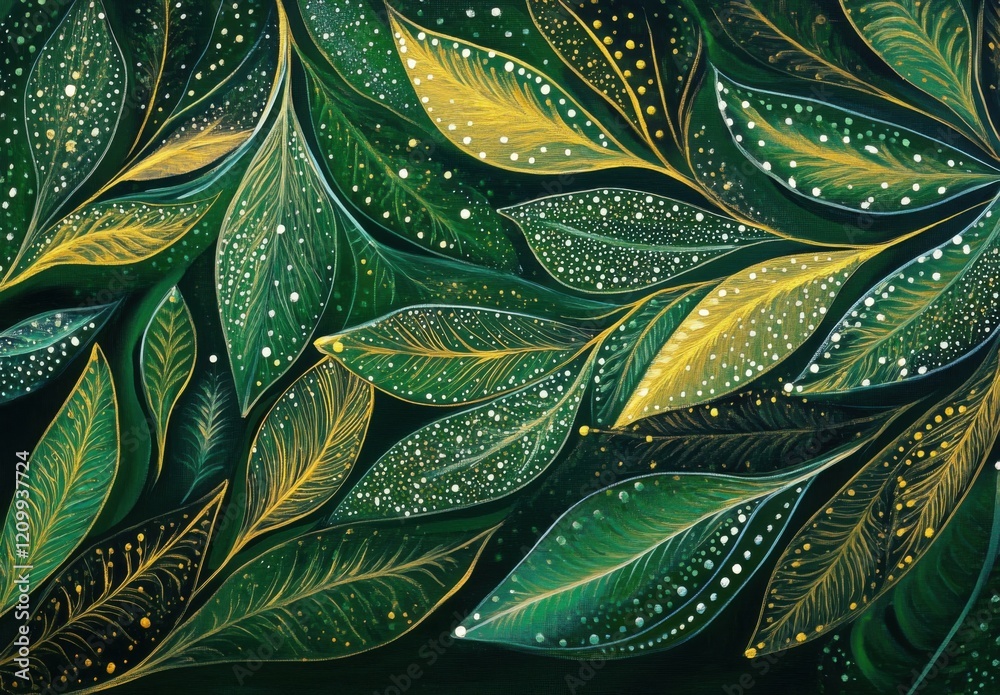 Australian Aboriginal dot painting style art of green leaves on a brown ...