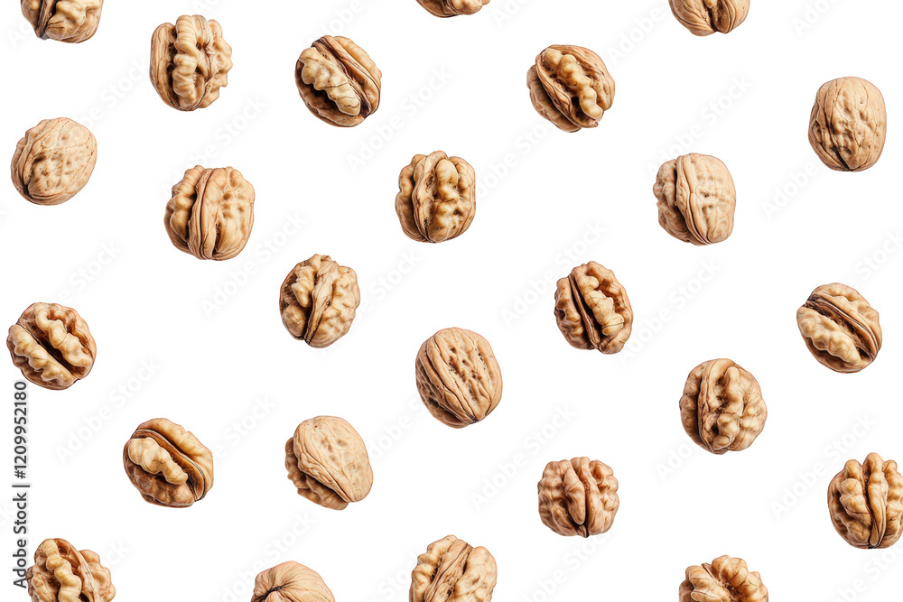 flat lay arrangement of whole walnuts scattered evenly across a white ...